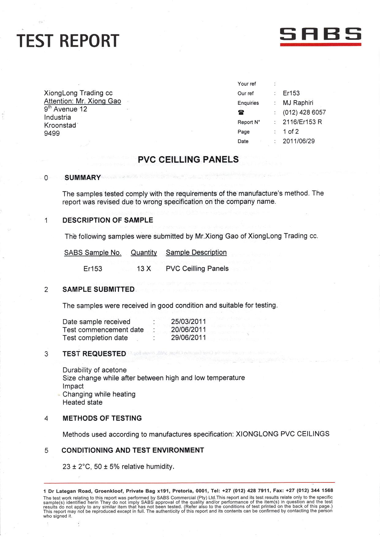 SABS Test Report – Camfly