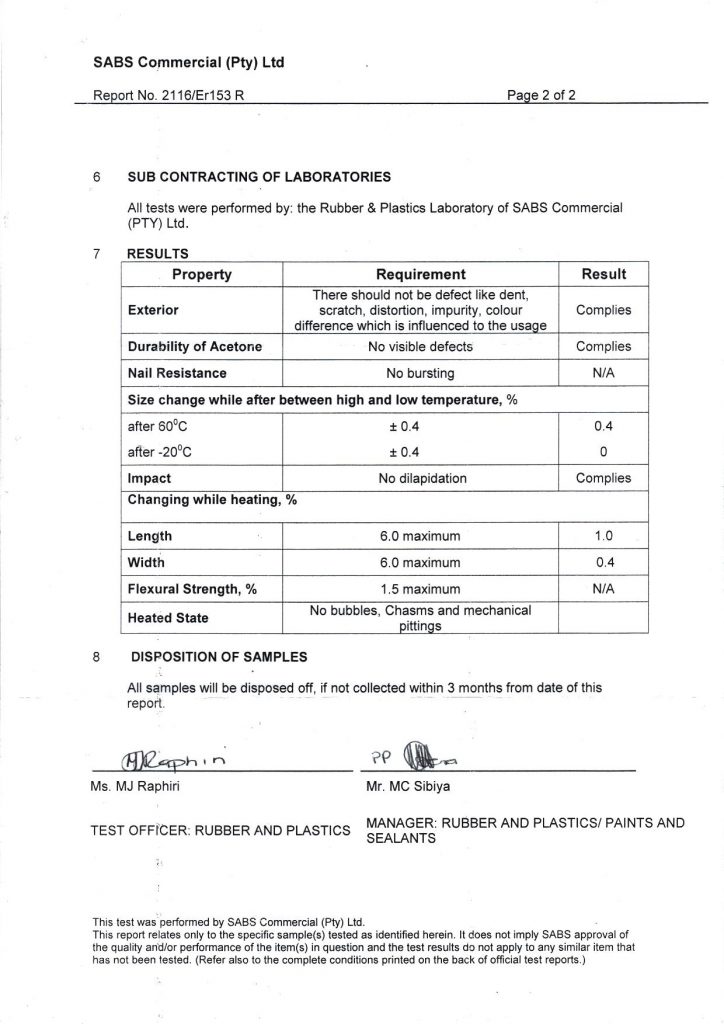 SABS Test Report – Camfly
